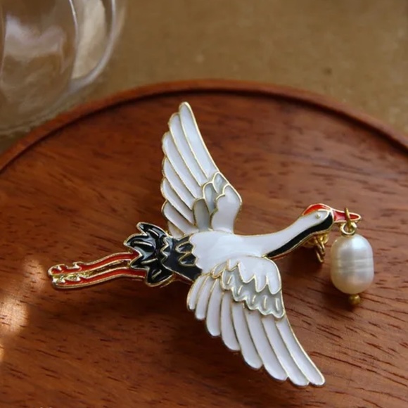 Jewelry | White Green Stripe Wings Stork Brooch | Poshmark